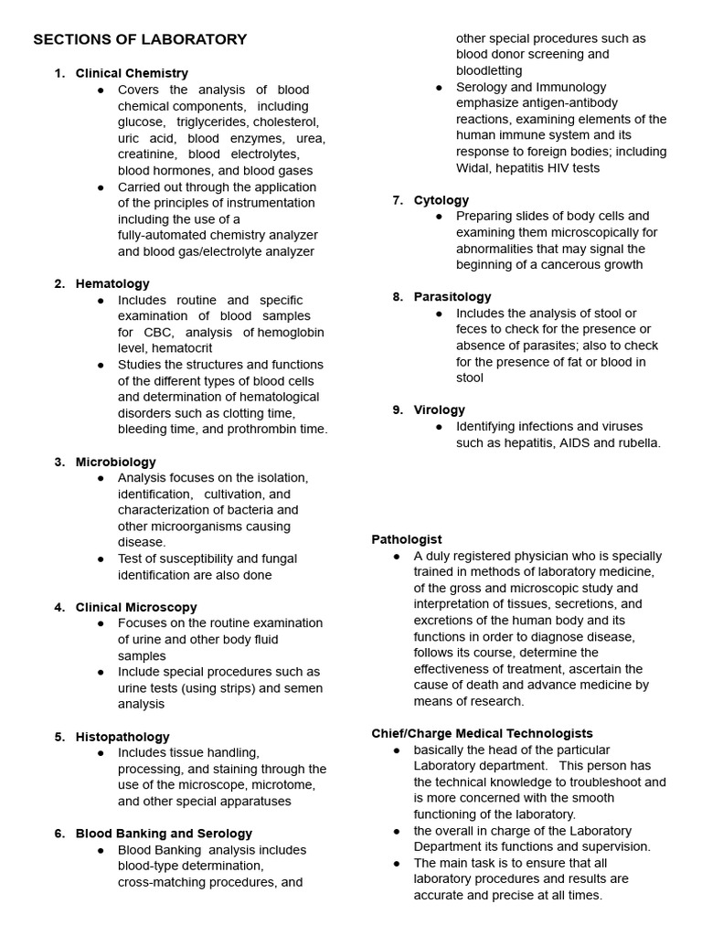 Sections of Laboratory | PDF | Medicine | Medical Specialties