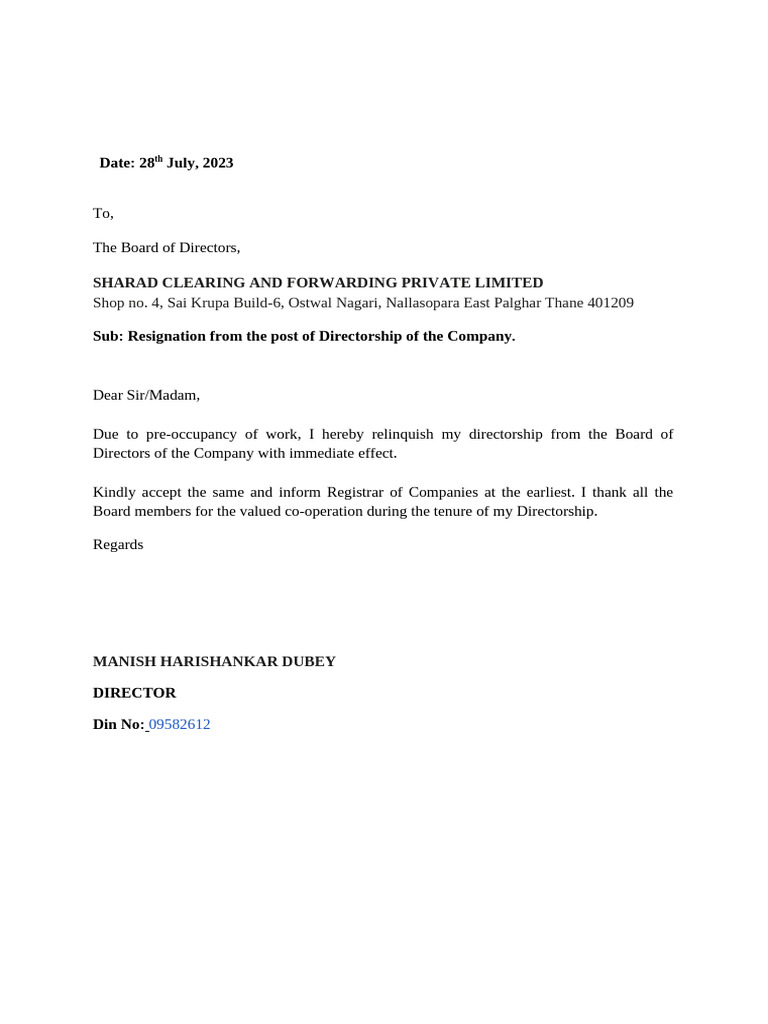 Resignation Letter Manish | PDF