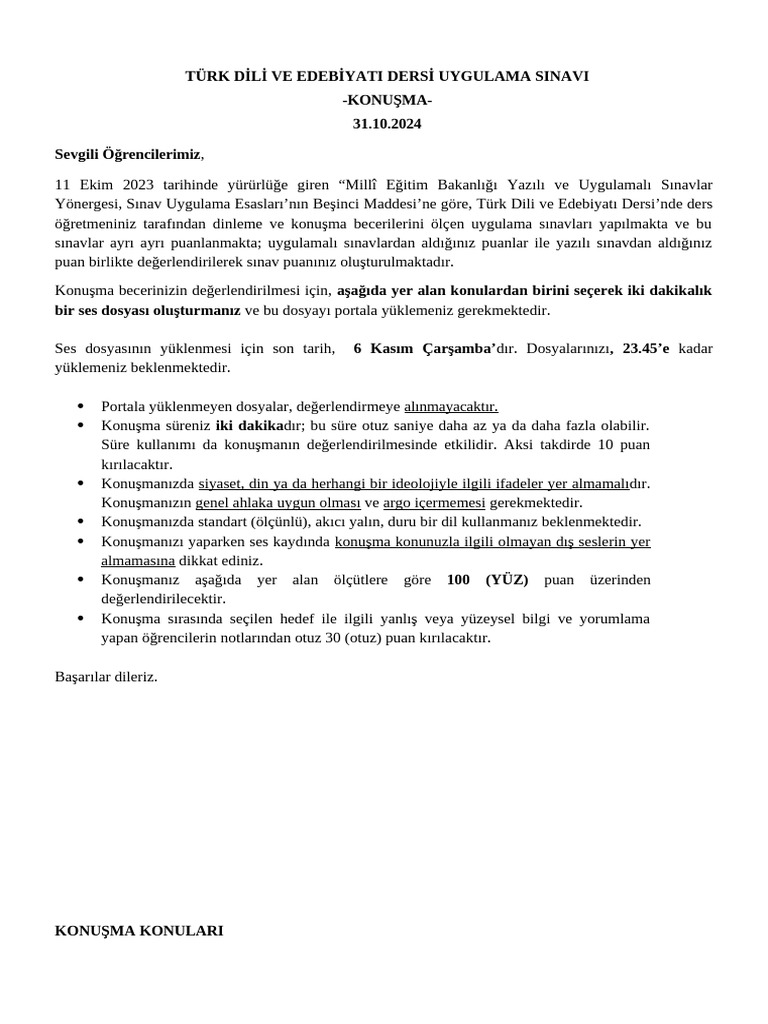 9.sinif Turk Dili Ve Edebiyati Dersi I. Konusma Sinavi Yonergesi | PDF
