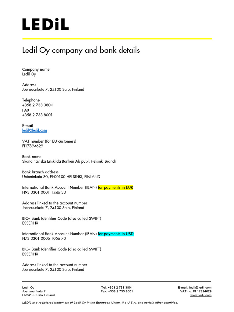 Ledil Oy Company and Bank Details 20240401 | PDF