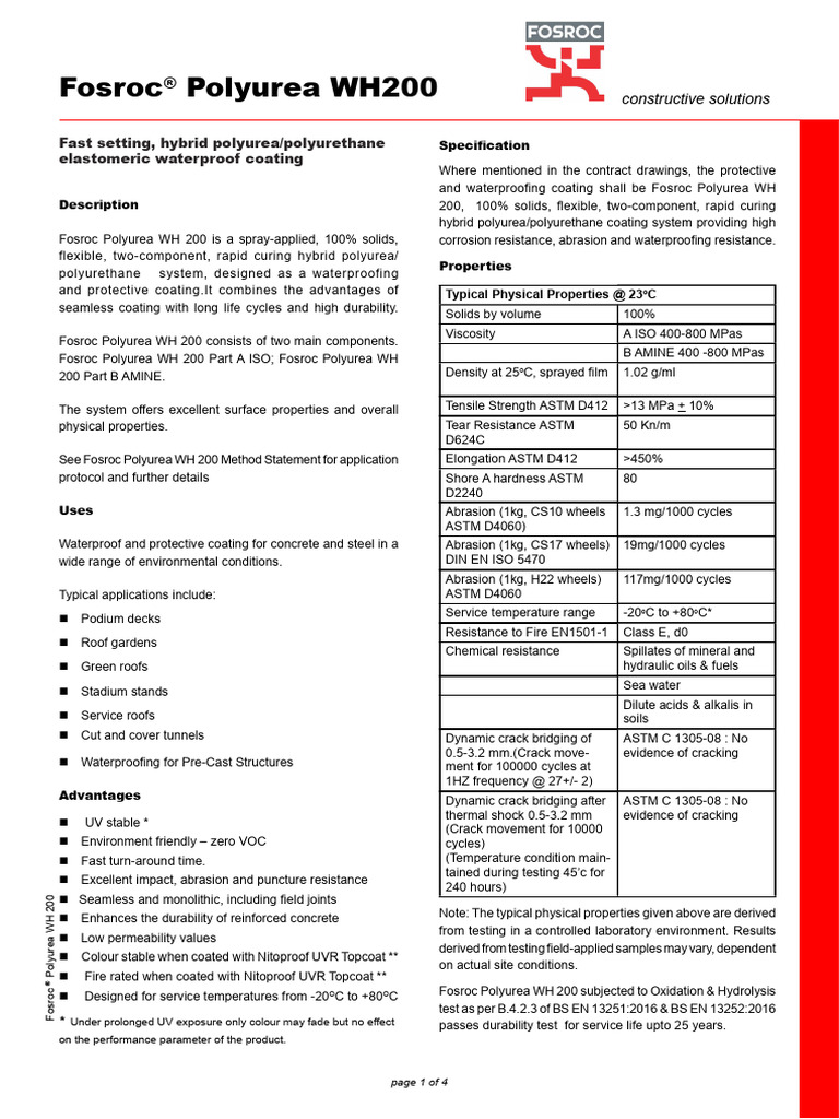 TDS Fosroc-Polyurea-WH200 India | PDF | Concrete | Coating