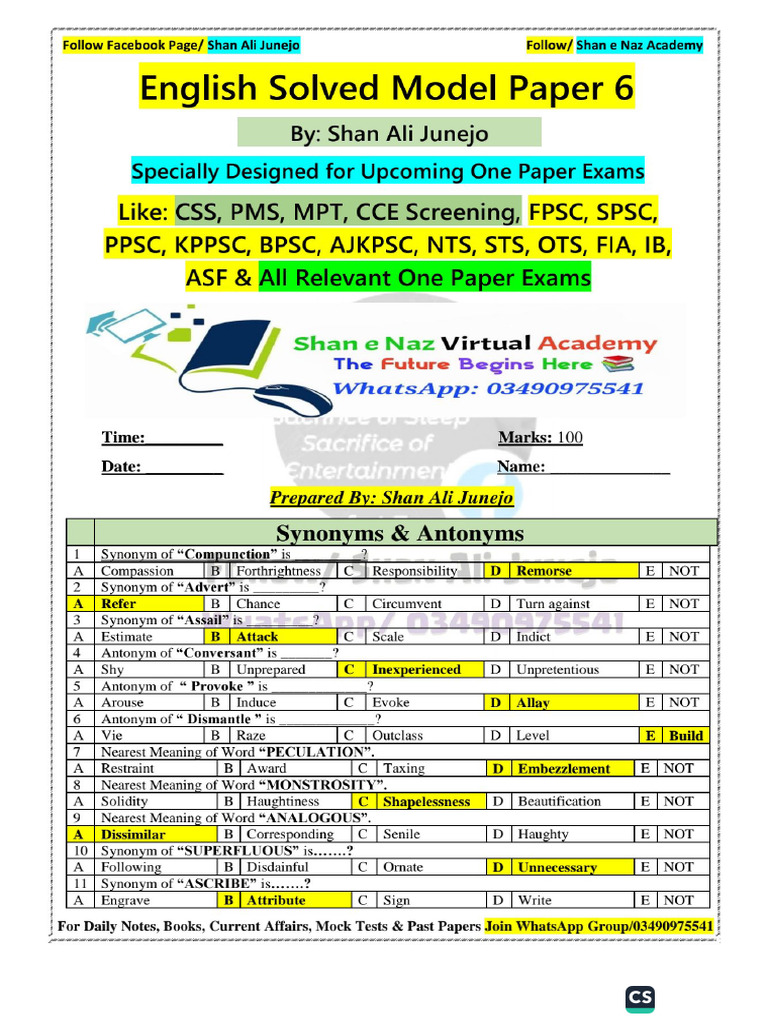 6th English Solved Model Paper for CCE & All One Paper Exams by Shan Ali Junejo 03490975541 | PDF