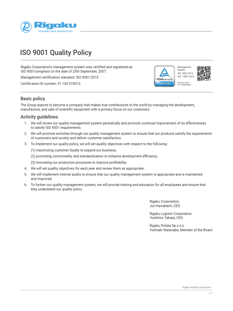 Quality Policy | PDF | Iso 9000 | Quality Management