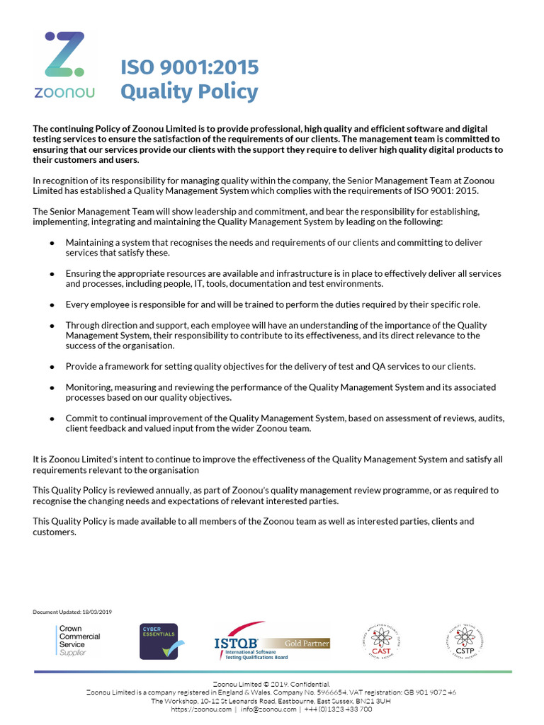 Zoonou ISO 9001 2015 Quality Policy | PDF | Quality Management ...