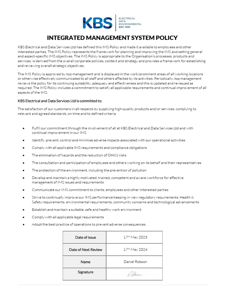 Integrated Management System Policy | PDF | Business