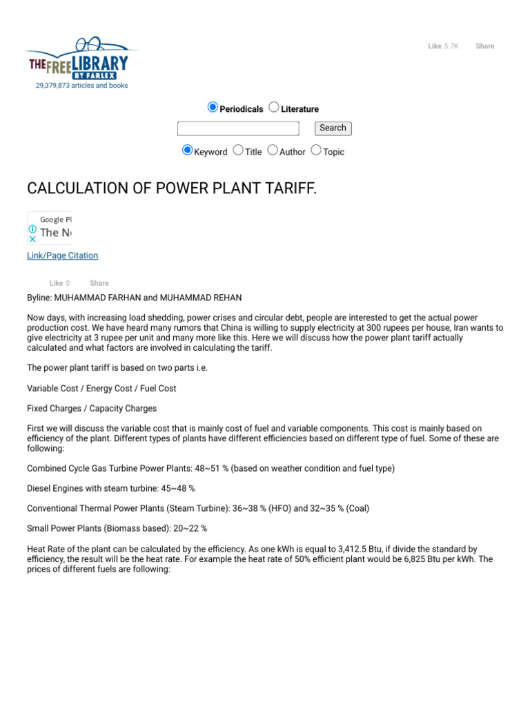 CALCULATION OF POWER PLANT TARIFF. - Free Online Library | PDF | Power ...