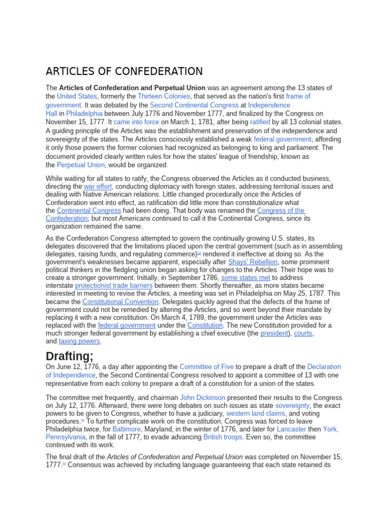 Articles of Confederation | PDF | Constitutional Convention (United ...