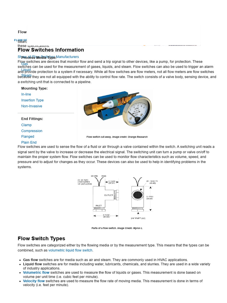 Flow Switches Selection Guide - Types, Features, Applications - GlobalSpec | PDF | Flow ...