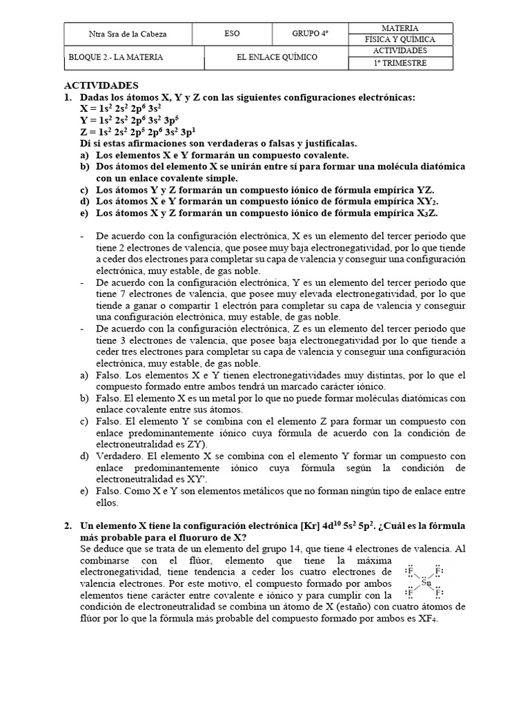 Actividades Ud4. El Enlace Quimico - Corregido | PDF | Enlace químico | Compuestos químicos