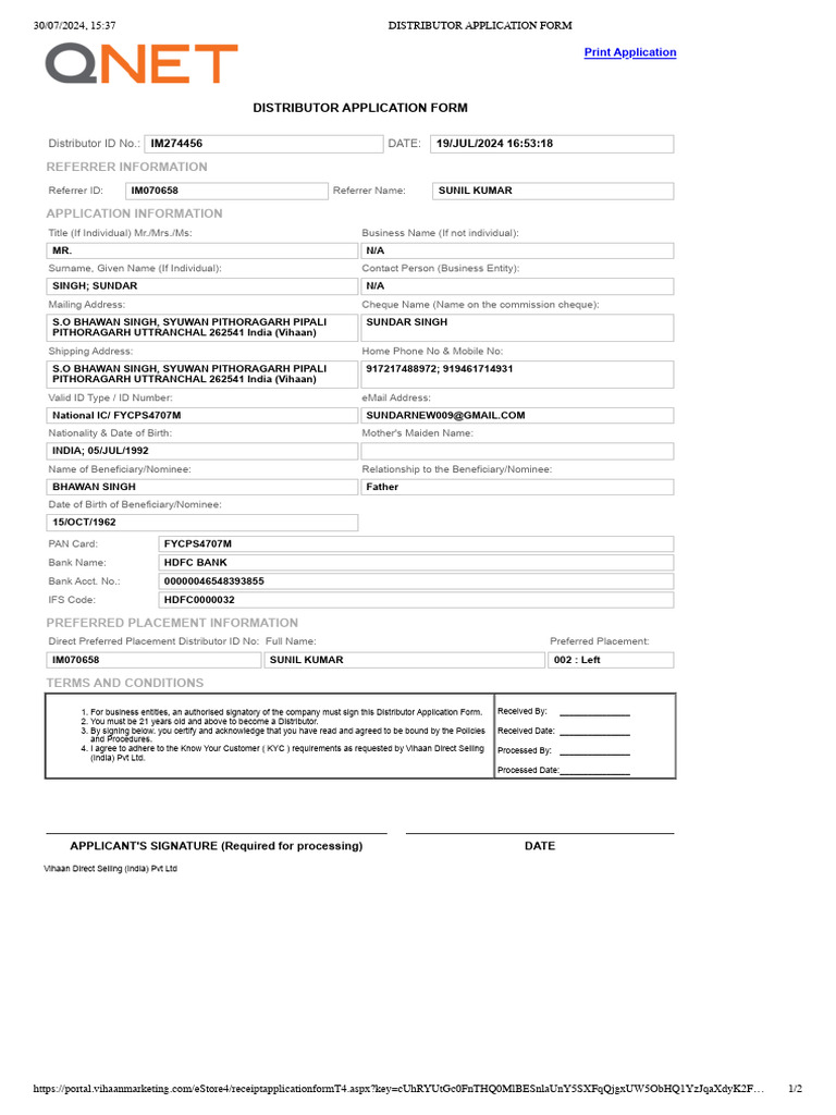 Distributor Application Form for Vihaan | PDF | Taxes | Value Added Tax