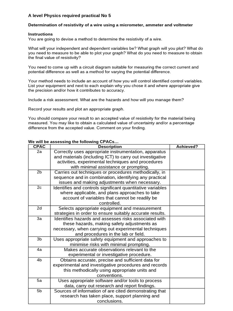 A Level Physics Required Practical No 05 - Resistivity Worksheet | PDF | Risk | Accuracy And ...