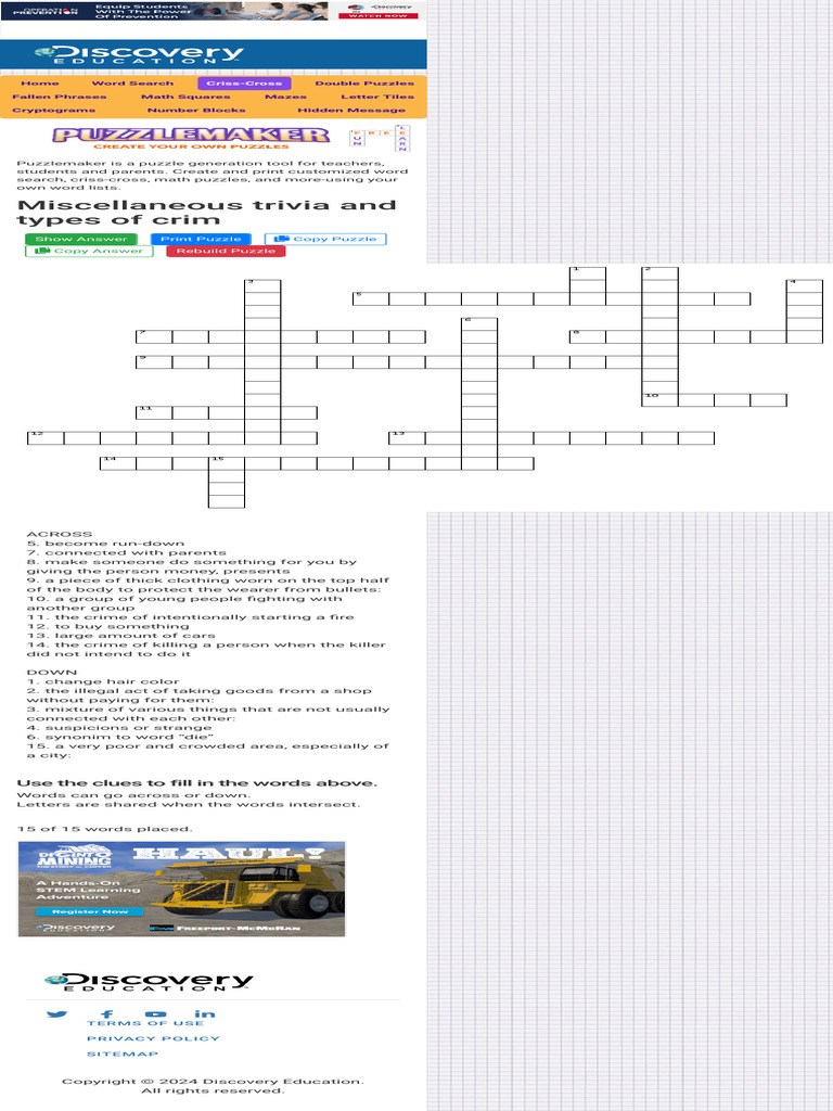 Criss Cross Puzzle Discovery Education Puzzlemaker | PDF