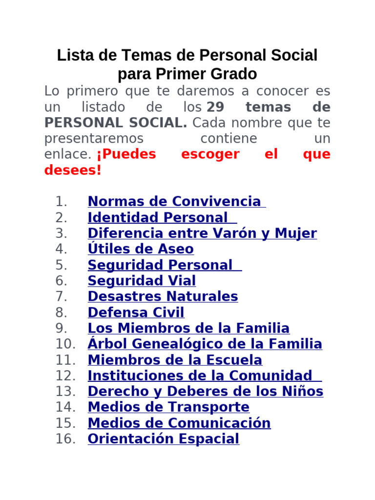Lista de Temas de Personal Social para Primer Grado | PDF