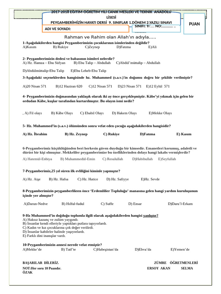 9.sınıf Peygamberimizin Hayatı 1.dönem 2.yazılı Soruları | PDF