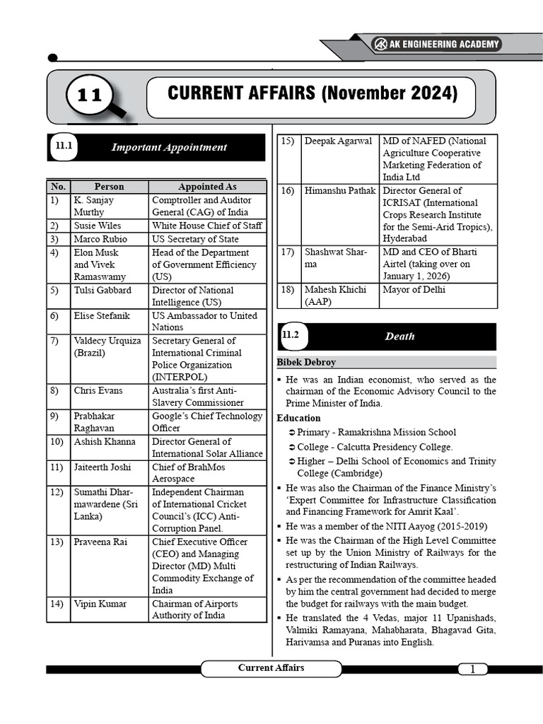 Current Affairs Summary - November 2024 | PDF