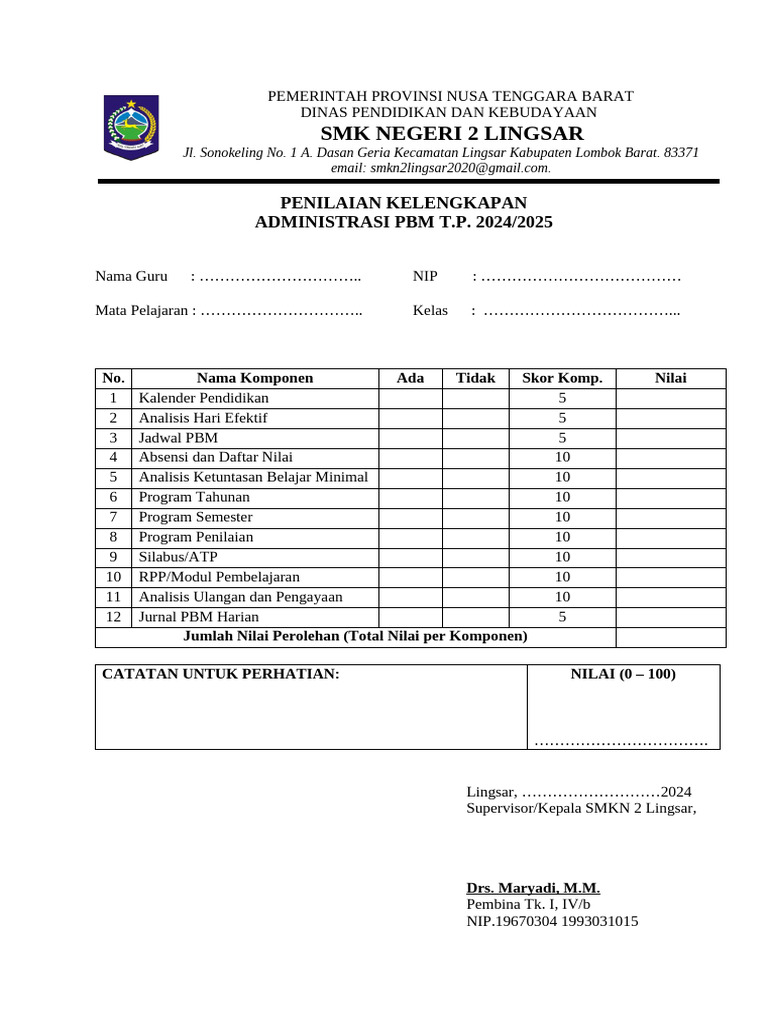 13. Instrumen Penilaian Administrasi PBM | PDF
