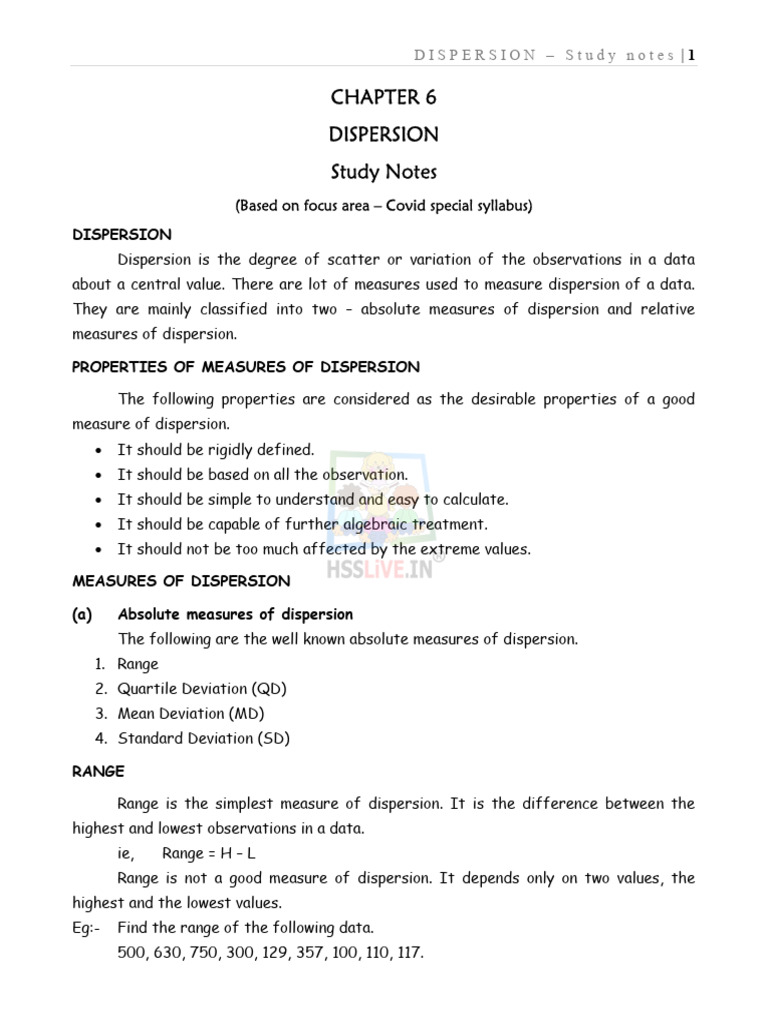 Hsslive-Xi-Statistics-6. Dispersion - Focus Area - HSSLive-biju-english | PDF | Coefficient Of ...
