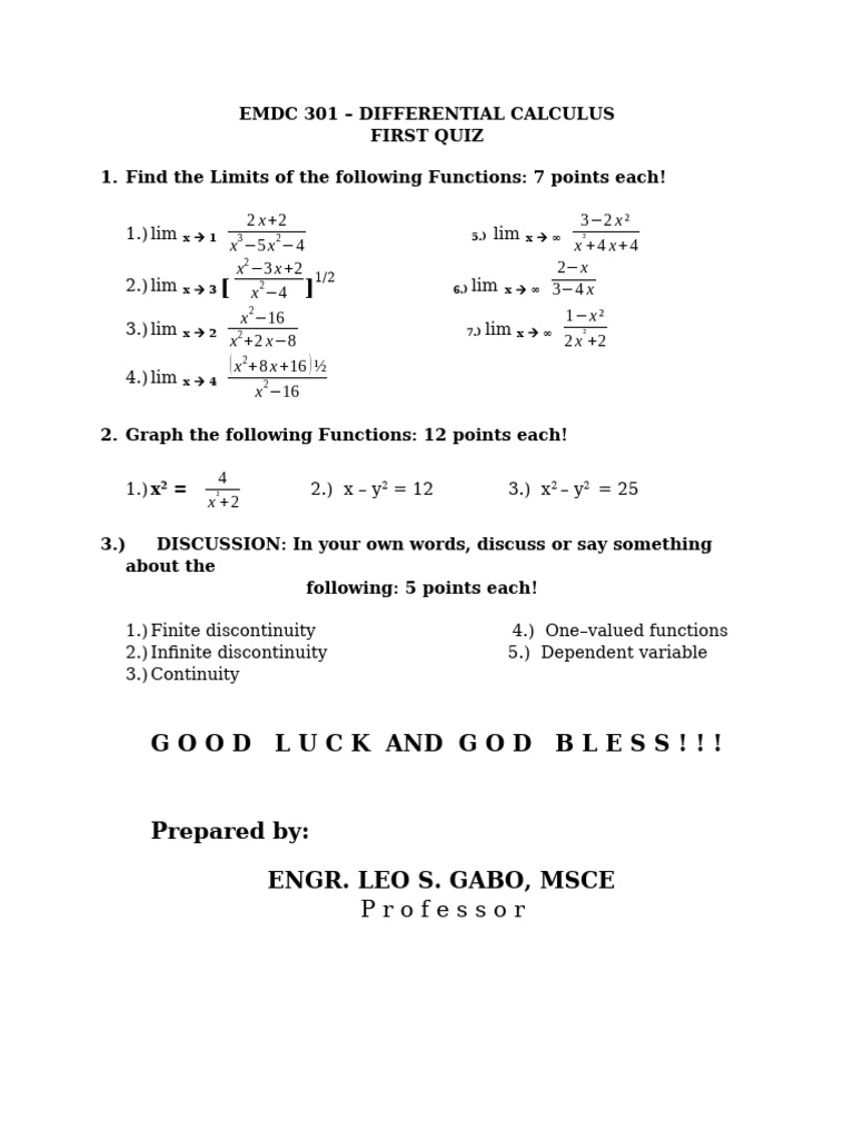 EMDC 301 Diff. Calculus 1st Quiz | PDF
