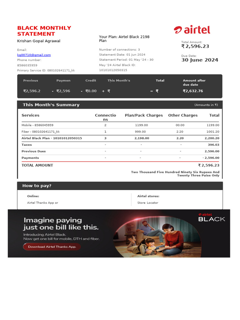 Airtel Black Monthly Bill | PDF | Credit Card | Cheque