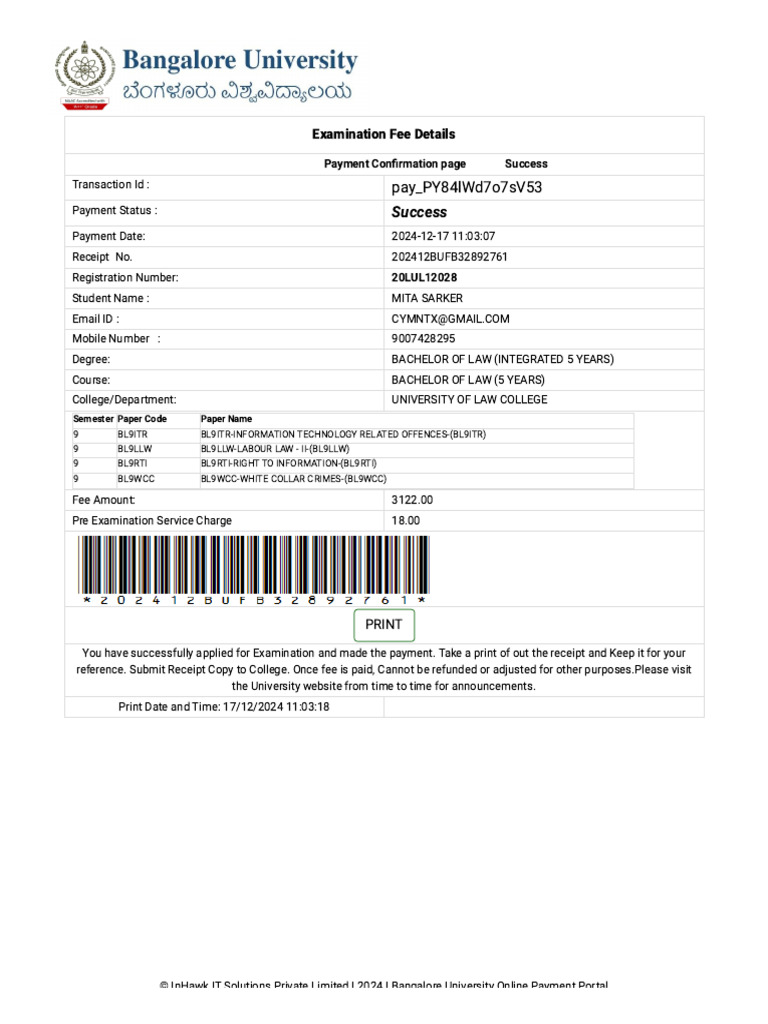 Bangalore University Sem9 Exam Fees | PDF