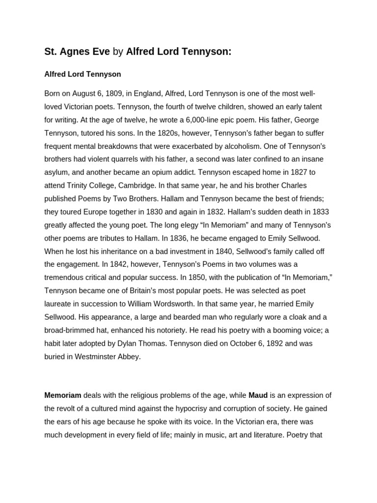 St. Agnes Eve Complete Notes Poetry BS4 | PDF | Poetry | Realism (Arts)