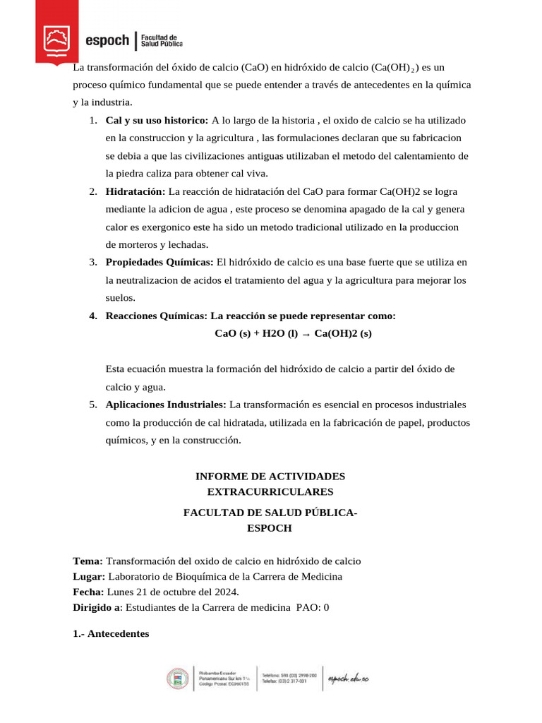 Informe de Tranformacion de Oxido - Mayte Ramon | PDF | Lima (Material) | Calcio