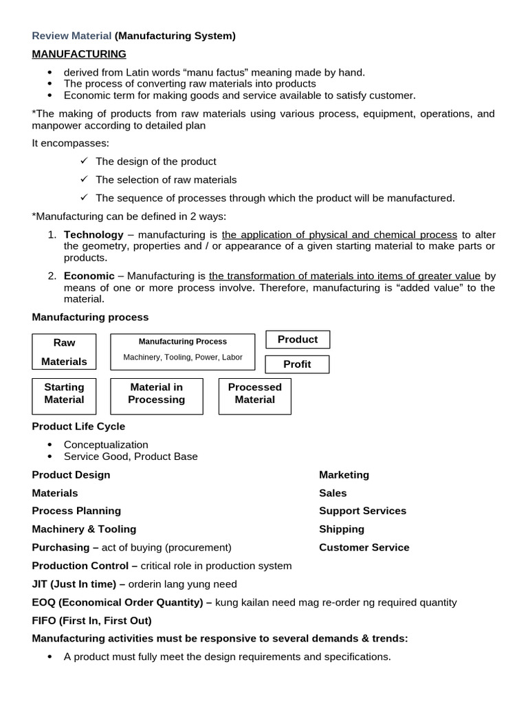 Review Material For Manufacturing System | PDF | Quality Management ...