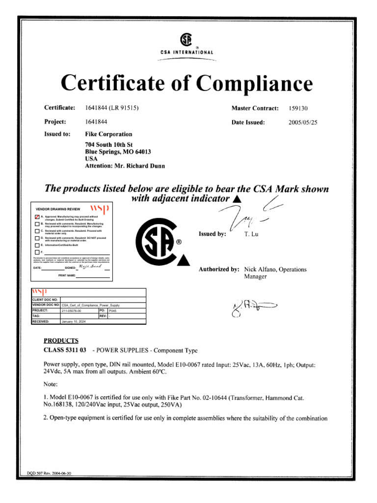 CSA_Cert_of_Compliance_Power_Supply | PDF