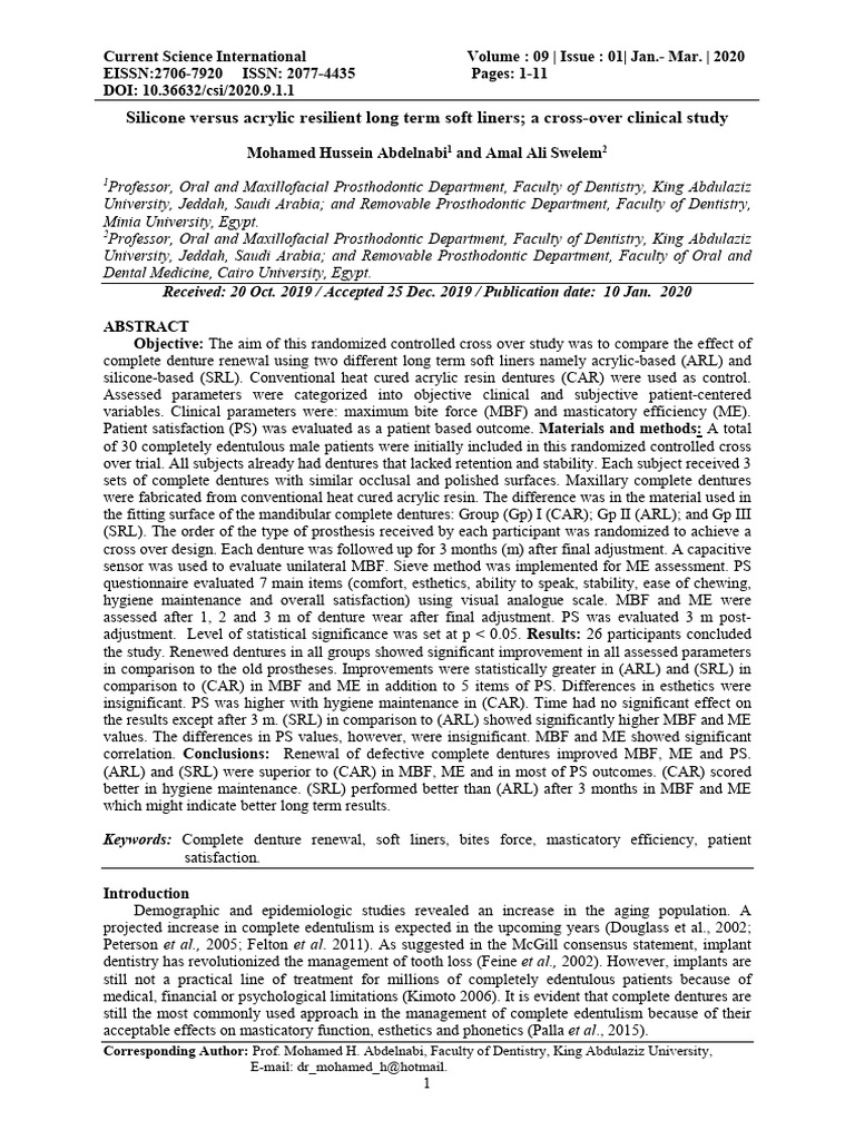 Silicone Versus Acrylic Resilient Long Term Soft Liners A Cross-Over ...