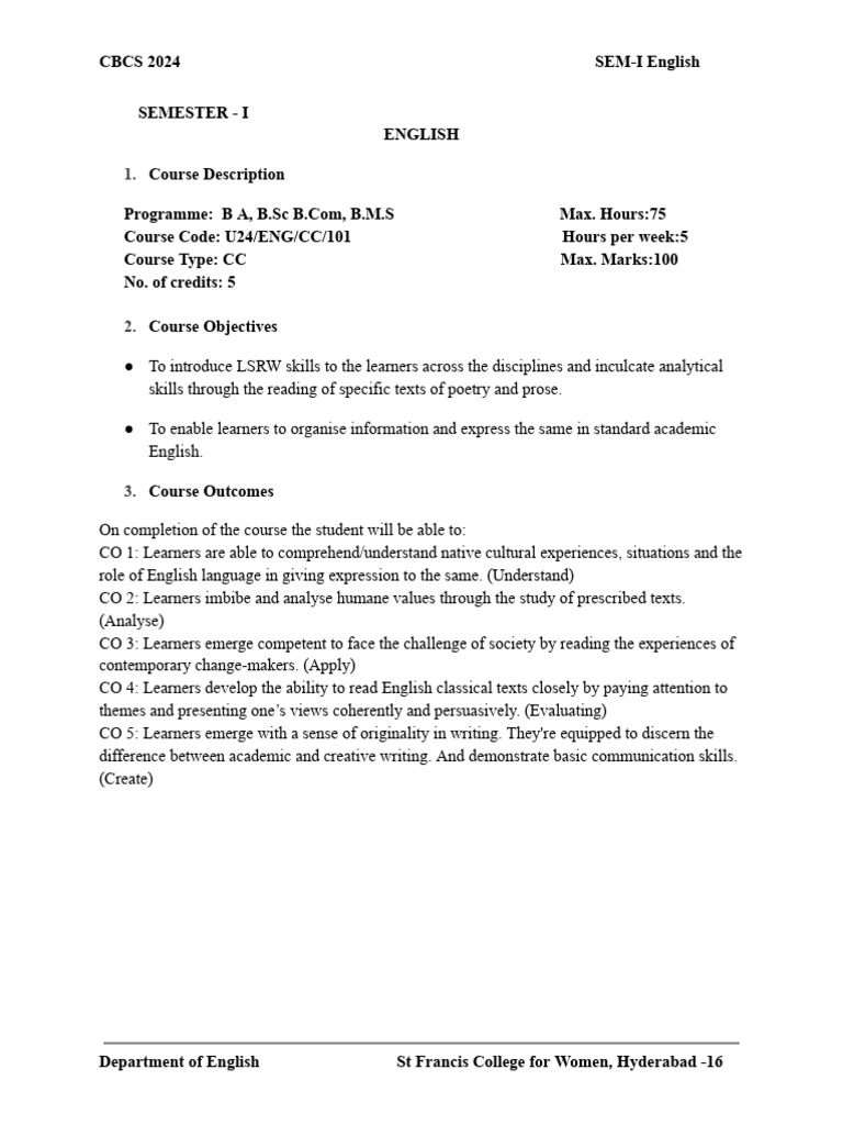 Semester - I English - 2024 | PDF | English Language | Grammar