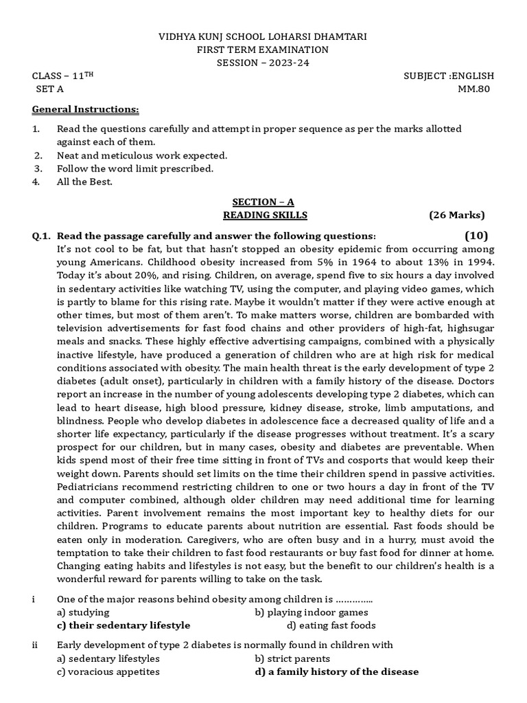 11th English Answer Key | PDF | Paper | Diabetes