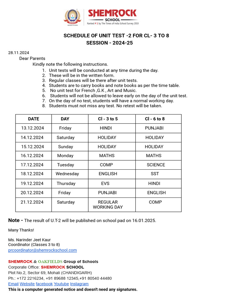 Unit Test Schedule for Classes 3-8 | PDF