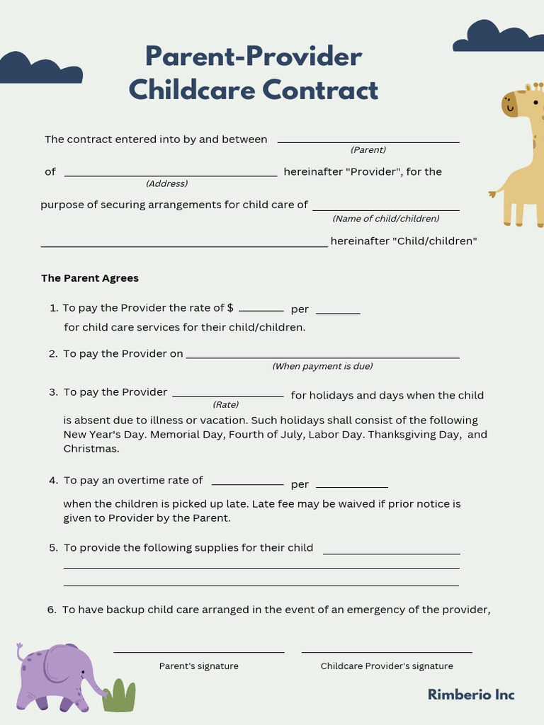 Illustrative Parent-Provider Childcare Contract Form PDF | PDF