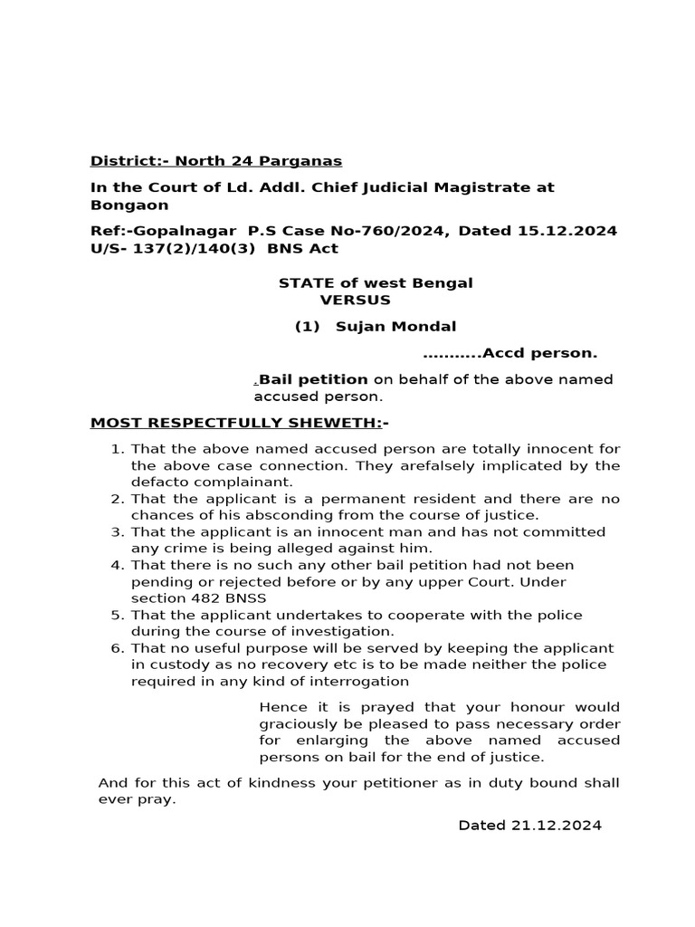 Bail Petition FOR ACJM GRO FILe Bongaon PS CASE NO 1138 | PDF