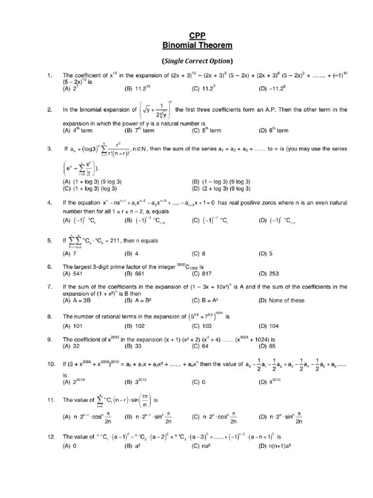 Binomial Theorem (Revision Sheet) | PDF