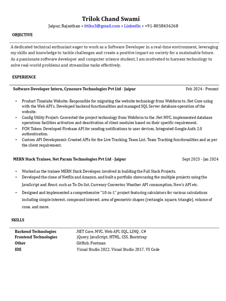 Trilok Chand Swami Resume | PDF | Microsoft Sql Server | Databases