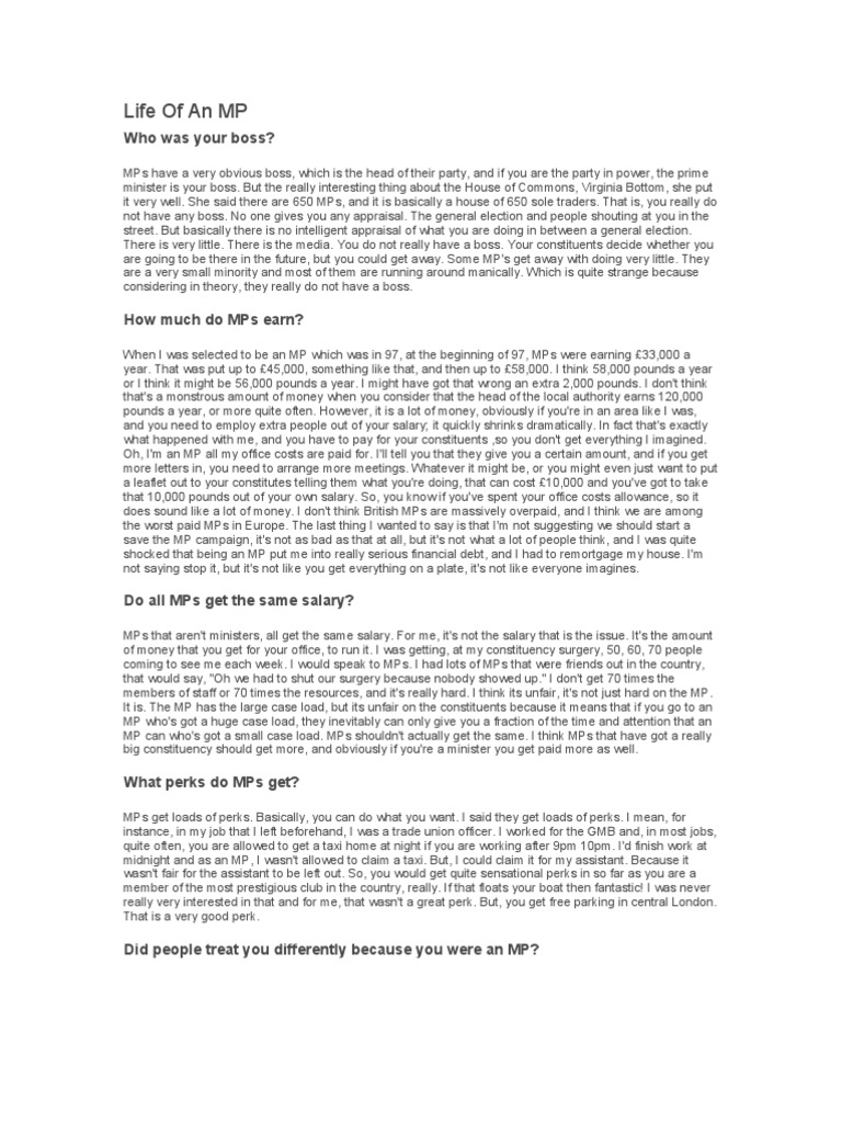 Life of An MP | PDF | House Of Commons Of The United Kingdom | Member ...