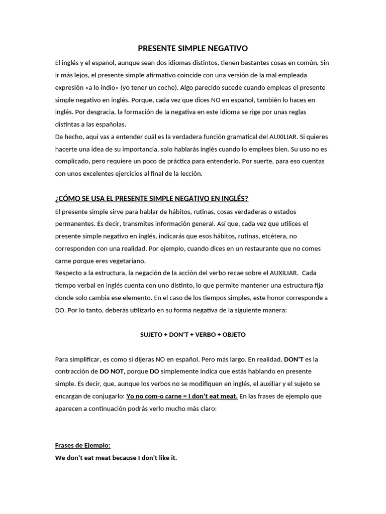 Presente Simple Negativo | PDF | Verbo | Idioma en Inglés
