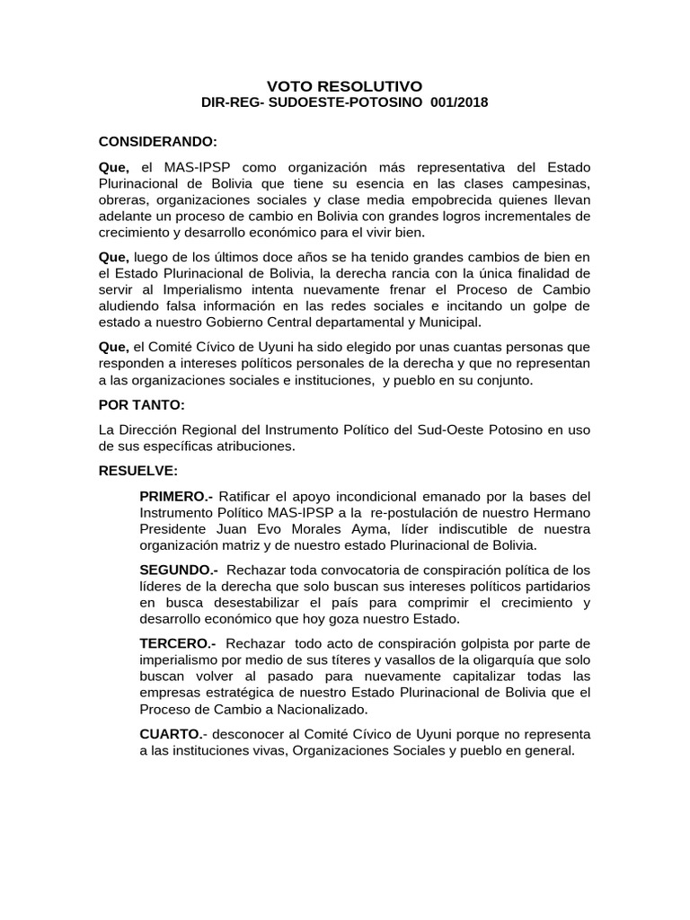 Resumen de Voto Resolutivo | PDF | Bolivia | Estado (política)