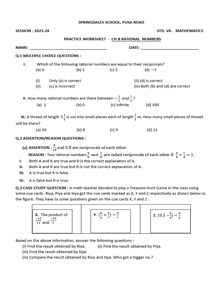 Practice Worksheet STD.7 Rational Numbers | PDF | Mathematics
