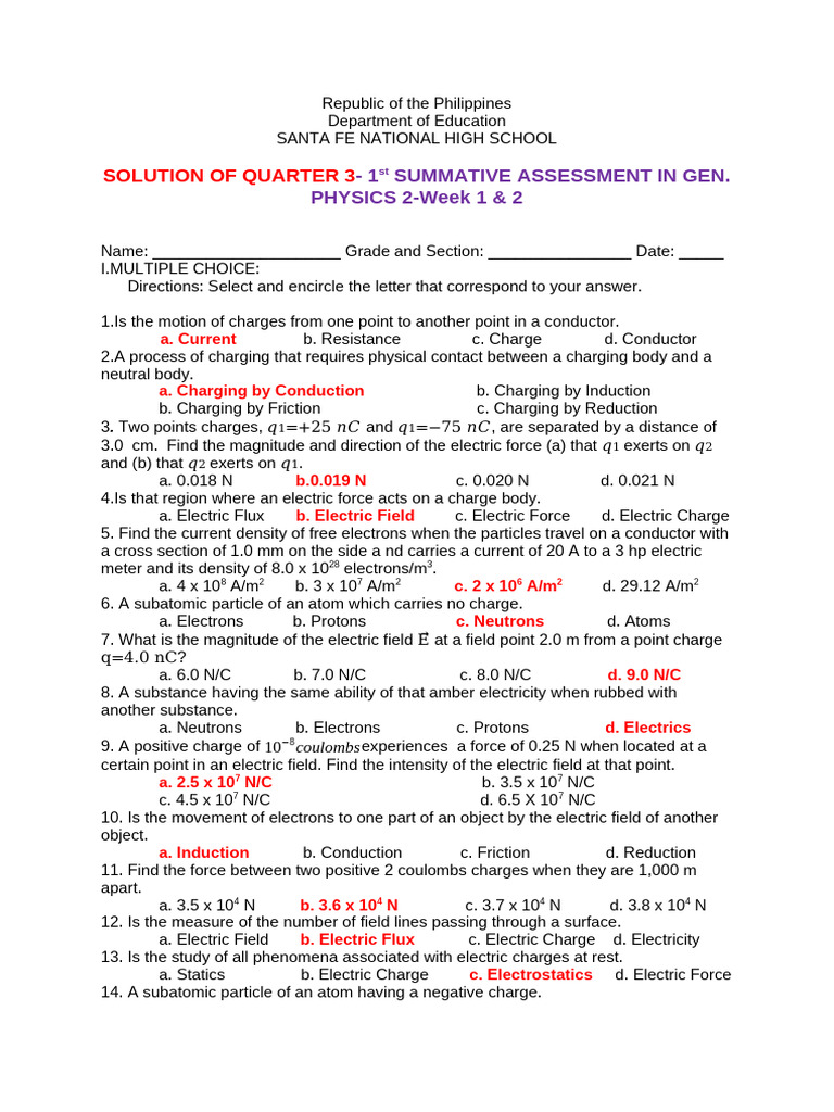 ANSWER-SOLUTION of QUARTER 3-FIRST SUMMATIVE TEST IN GENERAL PHYSICS 2 ...