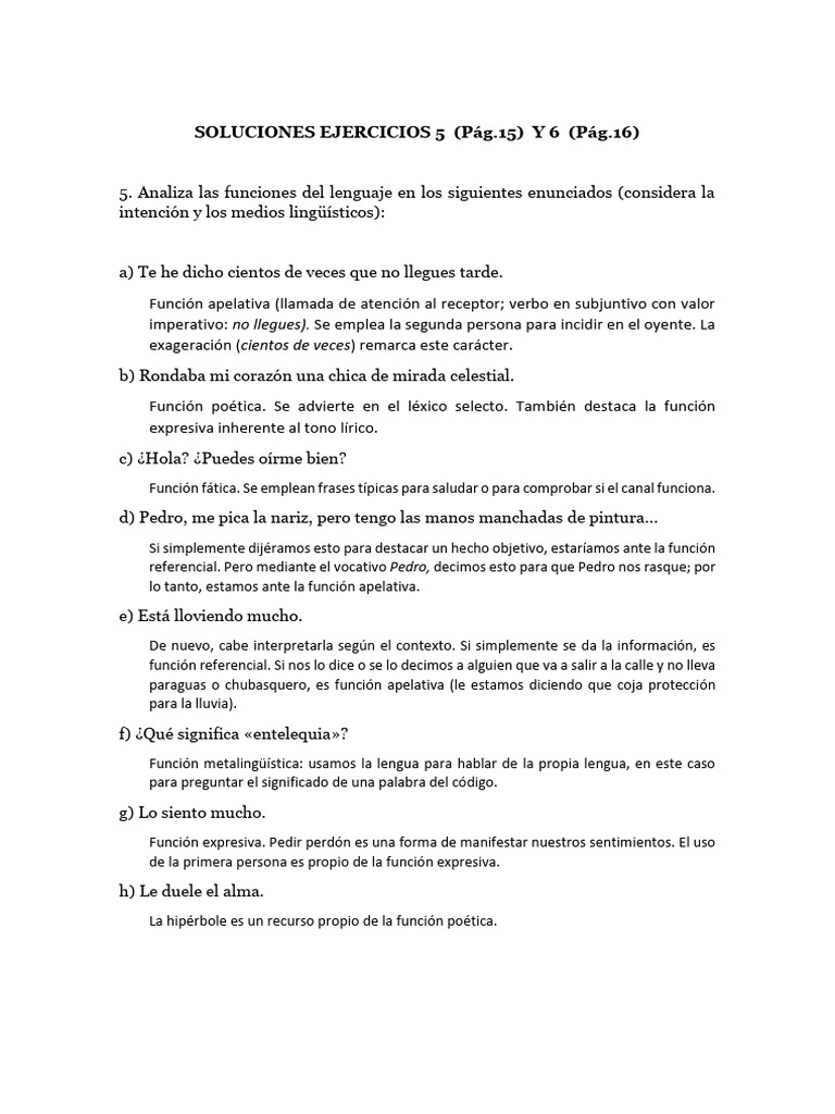 SOLUCIONES EJERCICIOS 5 Y 6 - FUNCIONES DEL LENGUAJE | PDF | Lingüística