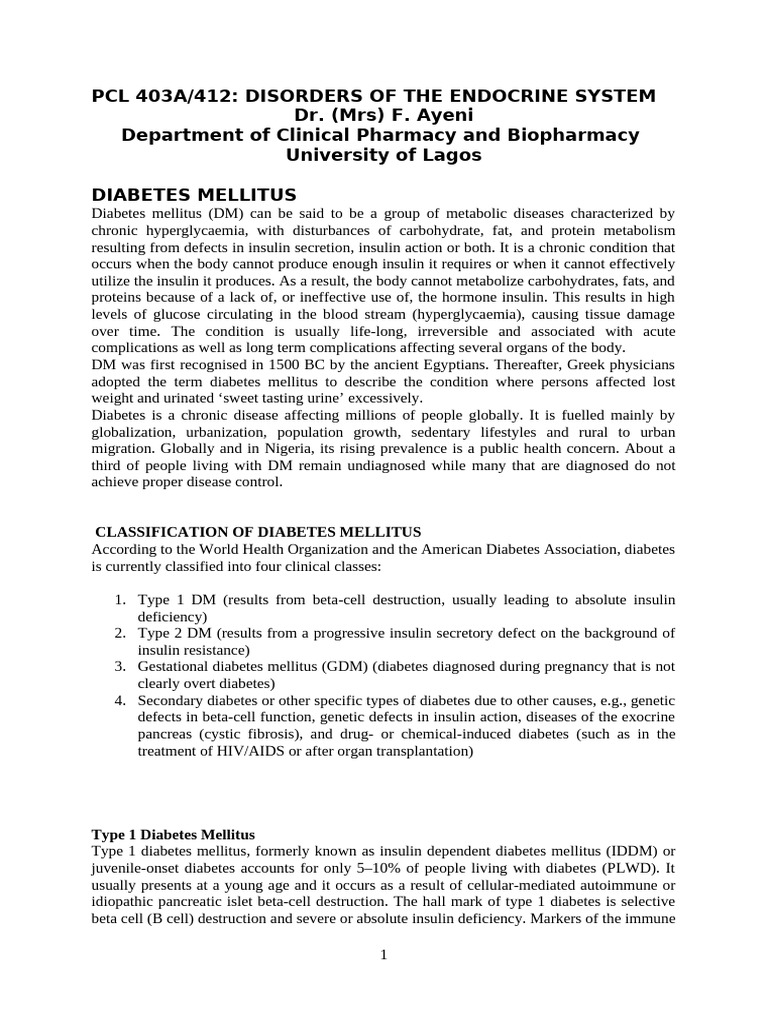 Diabetes Mellitus LECTURE NOTE | PDF | Diabetes | Hyperglycemia