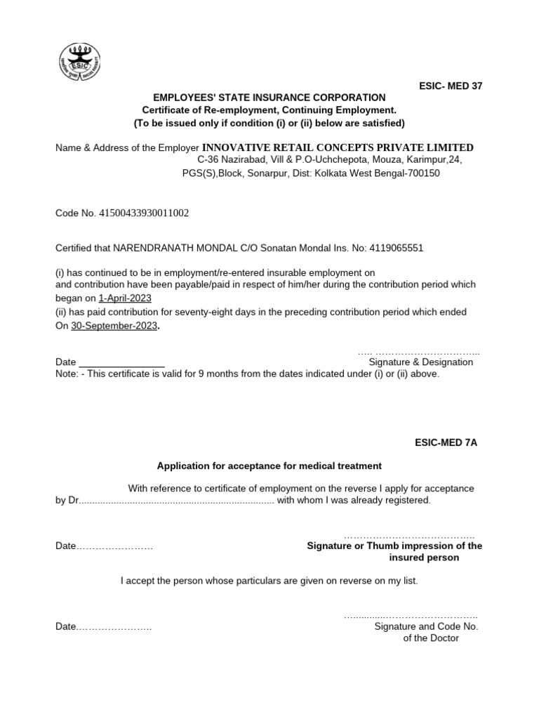 ESIC - Form 37 | PDF