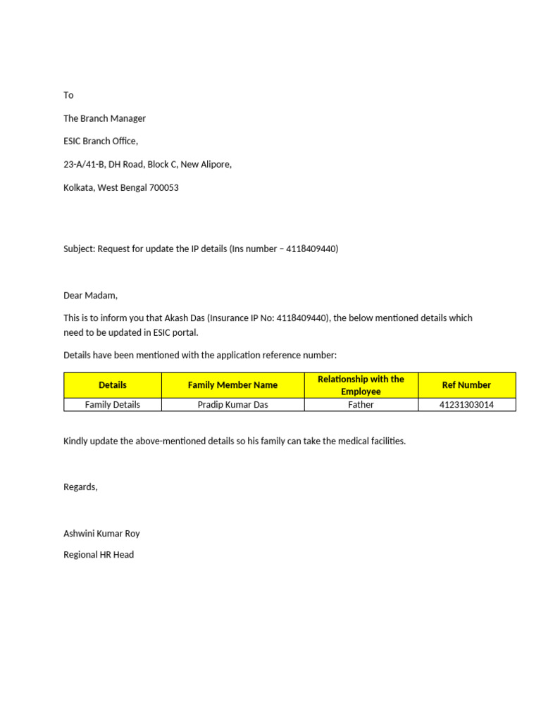ESIC Letter For Update The IP Details | PDF