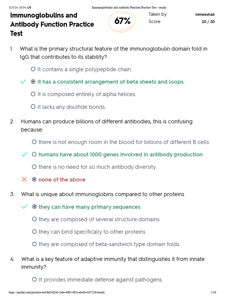 Immunoglobulins and Antibody Function Practice Test: It Has A ...