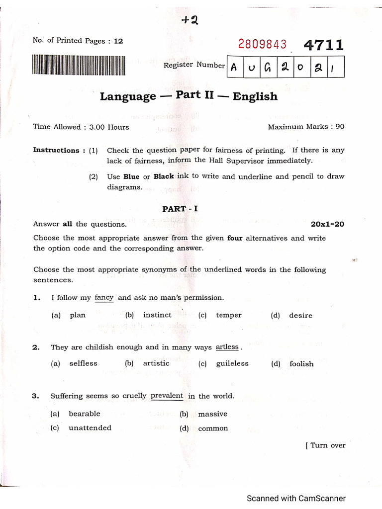12th English - Public Exam - July 2021 - Original Question Paper - PDF ...