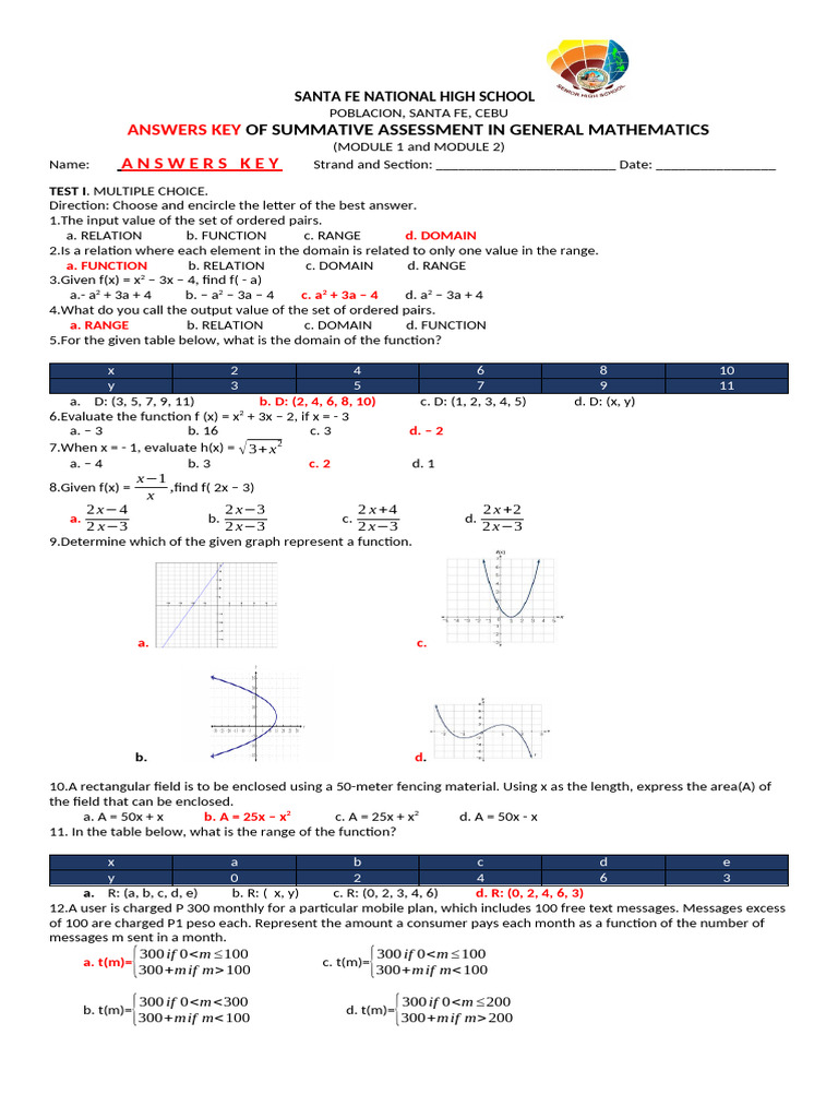 ANSWERS KEY SUMMATIVE ASSESSMENT IN GENERAL MATHEMATICS (MODULE 1 and ...