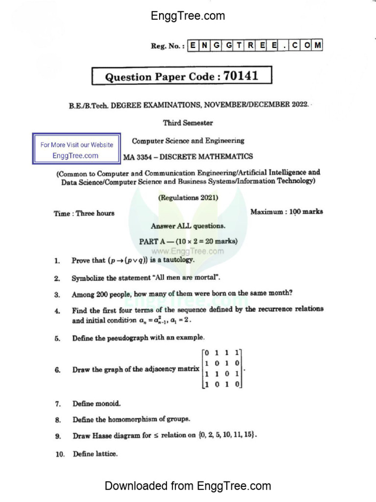 Discrete Mathematics - MA3354 2021 Regulation - Question Paper 2022 Nov ... Discrete Mathematics - MA3354 2021 Regulation - Question Paper 2022 Nov ...