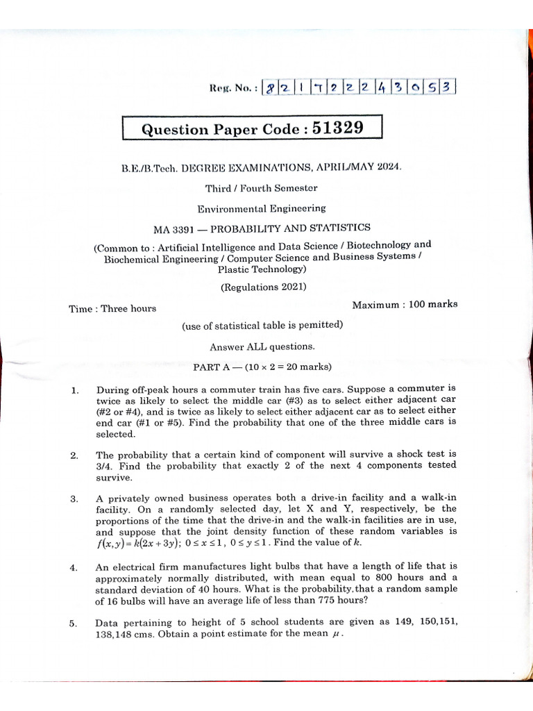 MA3391 Question Paper 2023 | PDF